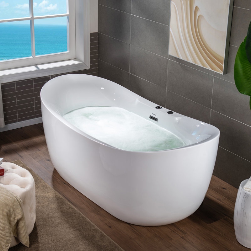 WoodBridge 72" Whirlpool Water Jetted & Air Bubble Freestanding Heated Soaking Bathtub with LED ...